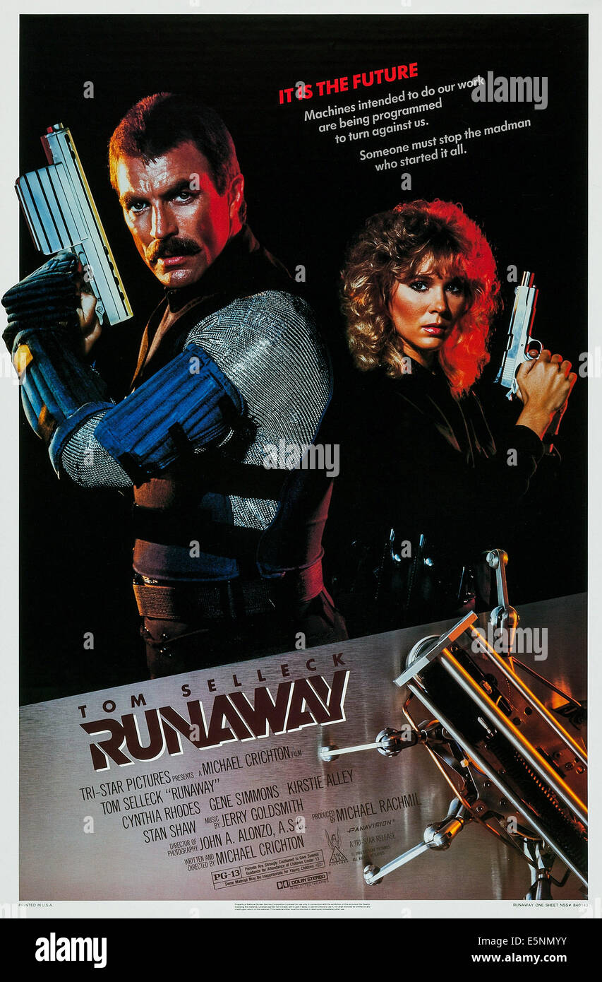 RUNAWAY, US poster, from left: Tom Selleck, Cynthia Rhodes, 1984 ...