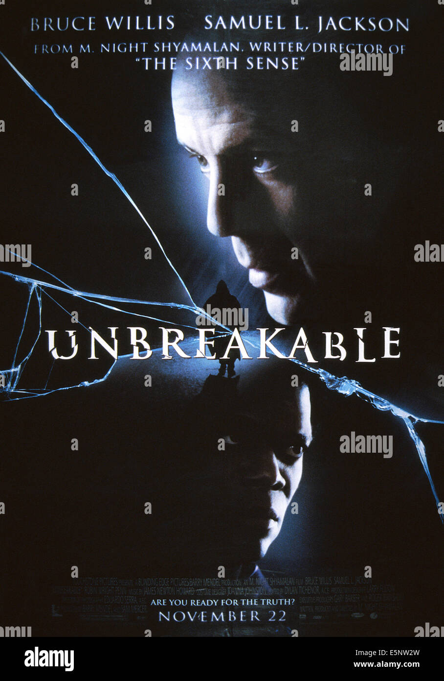 UNBREAKABLE, US poster art, from top: Bruce Willis, Samuel L. Jackson ...