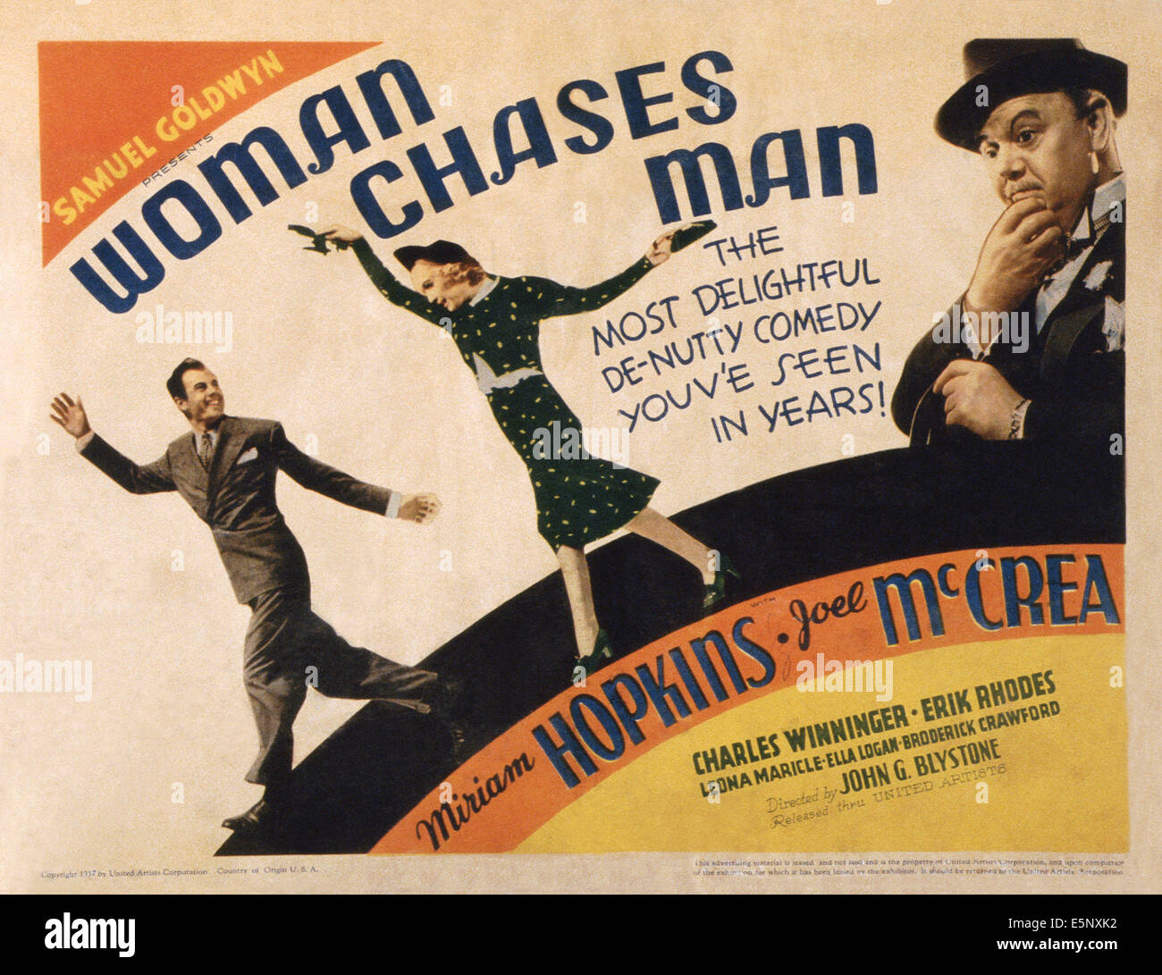 WOMAN CHASES MAN, US lobbycard, from left: Joel McCrea, Miriam Hopkins ...