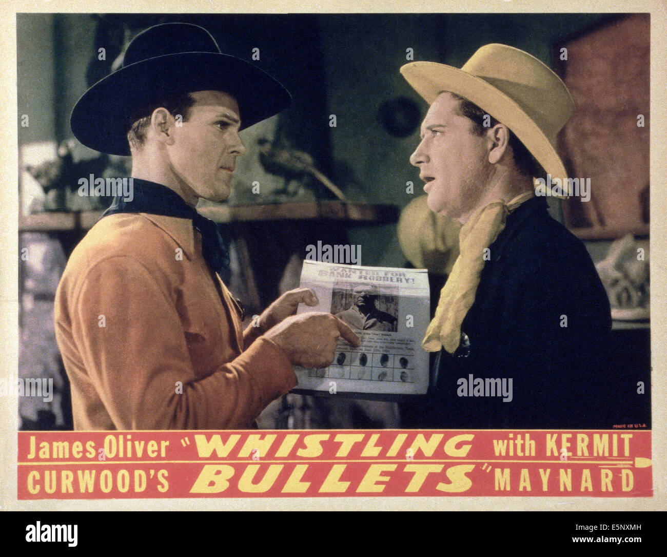 WHISTLING BULLETS, US lobbycard, Kermit Maynard (eft), 1937 Stock Photo ...