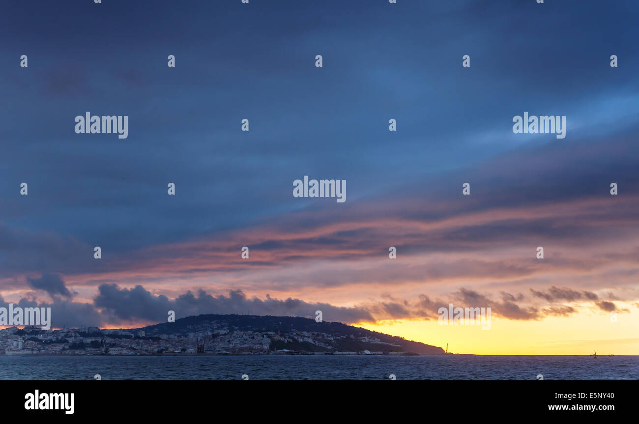 Bright sunset sky background. Bay of Tangier, Morocco Stock Photo - Alamy