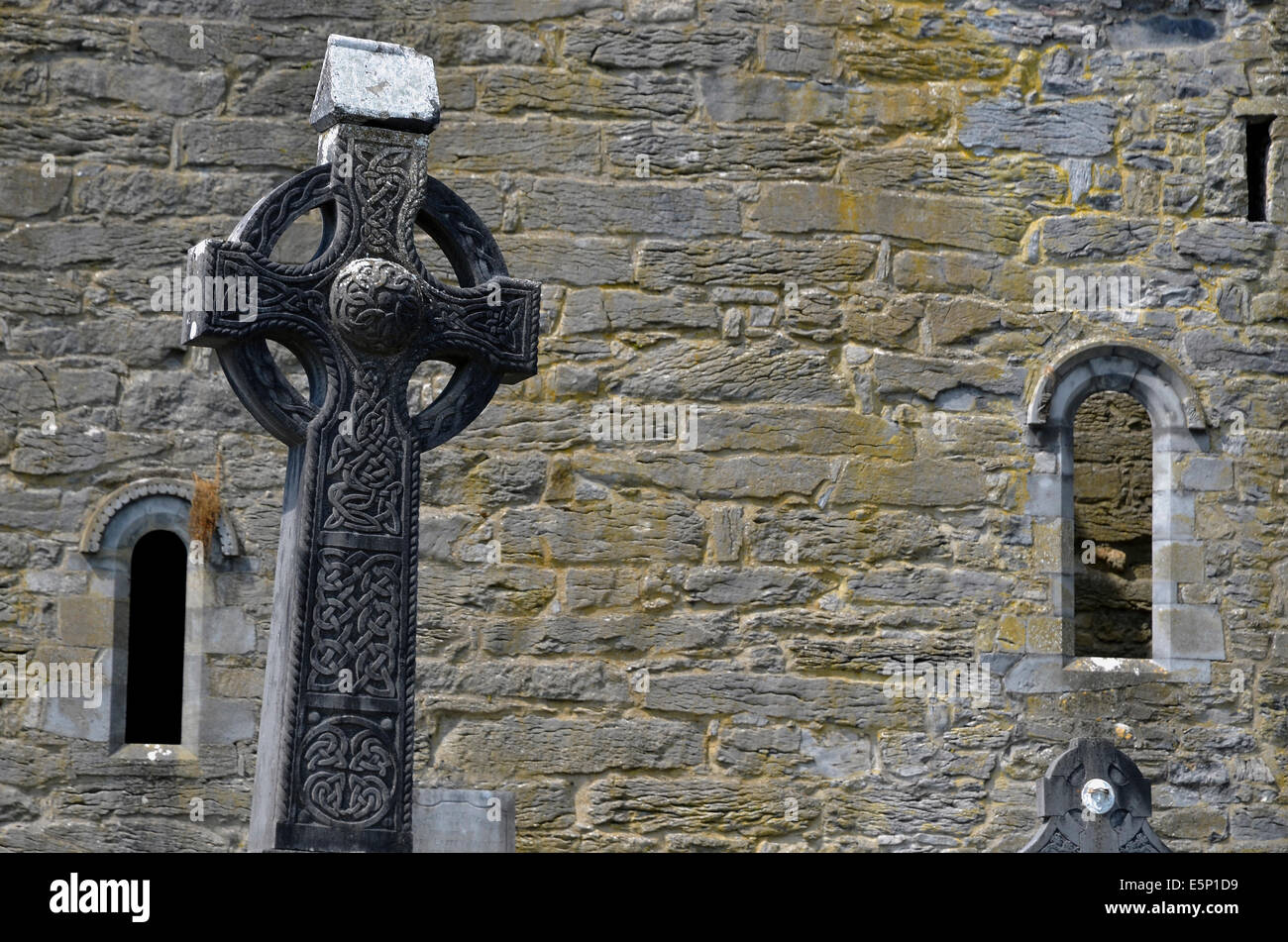 Tall Celtic cross outside the north wall of Cong Abbey, Cong, County ...