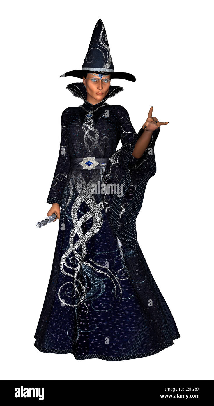 3D digital render of a fantasy female wizard in a dark blue sparkling ...