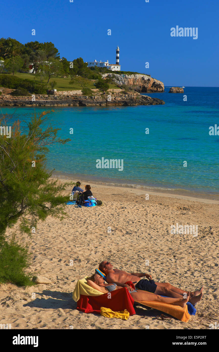 Mallorca, Porto Colom, Beach, Punta de Ses Crestes lighthouse, Felanitx ...