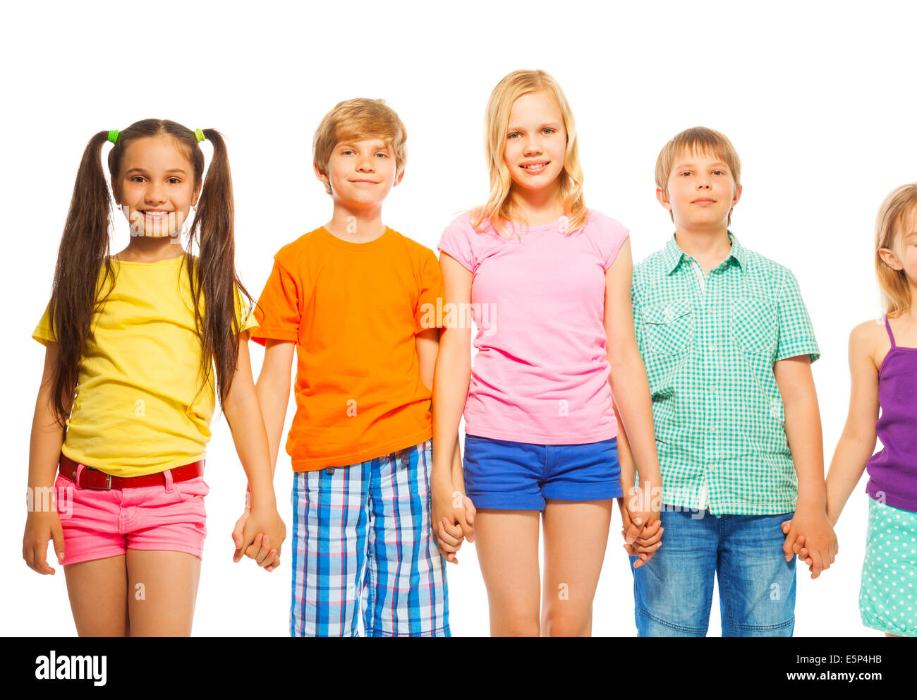 Five pretty kids in a row on white Stock Photo - Alamy