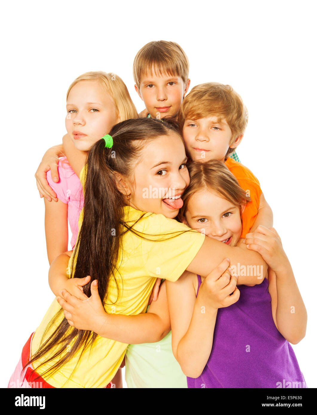 Five smiling hugging kids Stock Photo - Alamy