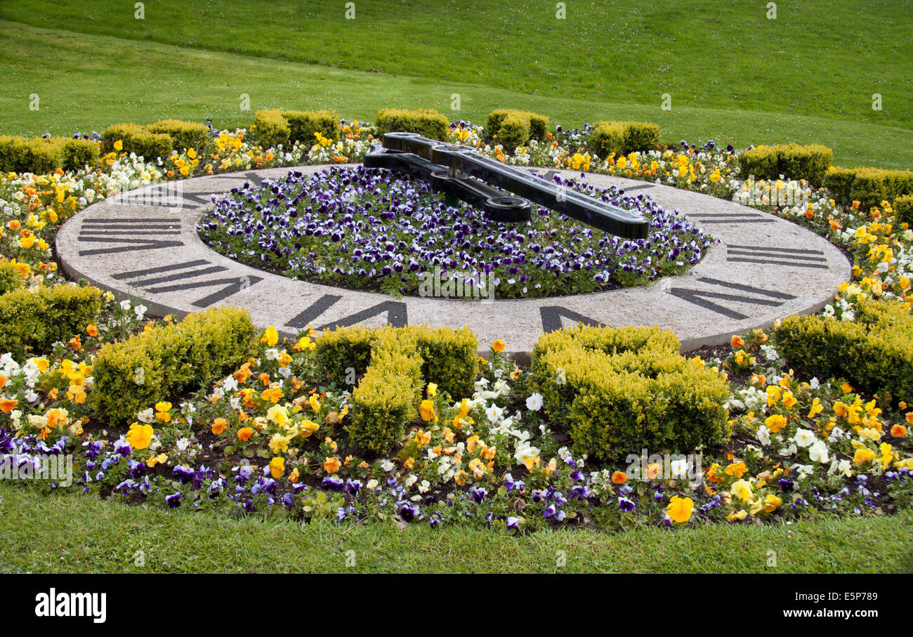 Floral display in the shape of a clock in gardens at Whitby, North ...