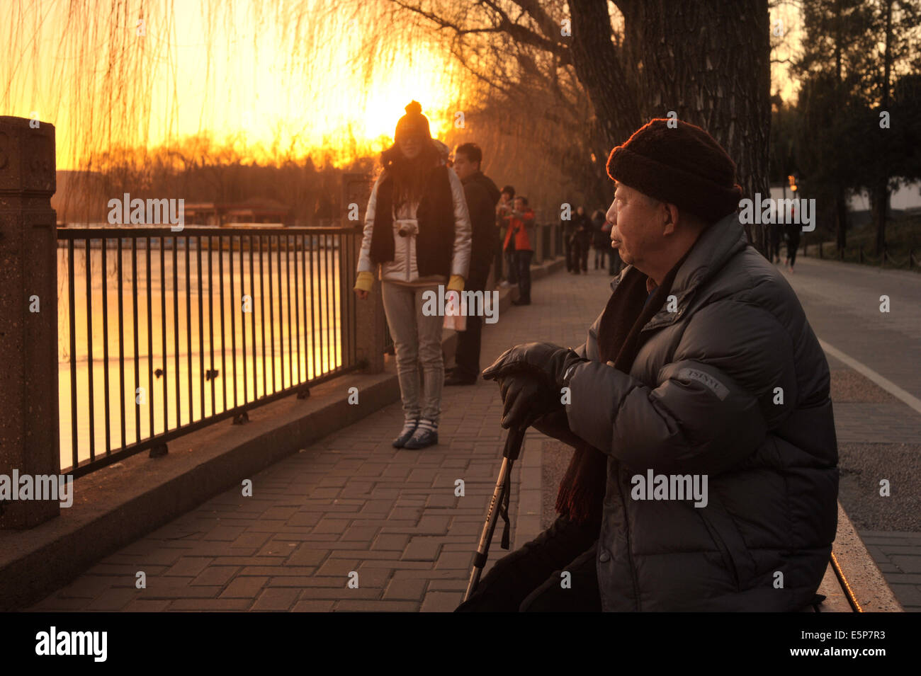Old man looking at the sunset while sitting on a bench in Beihai Park ...