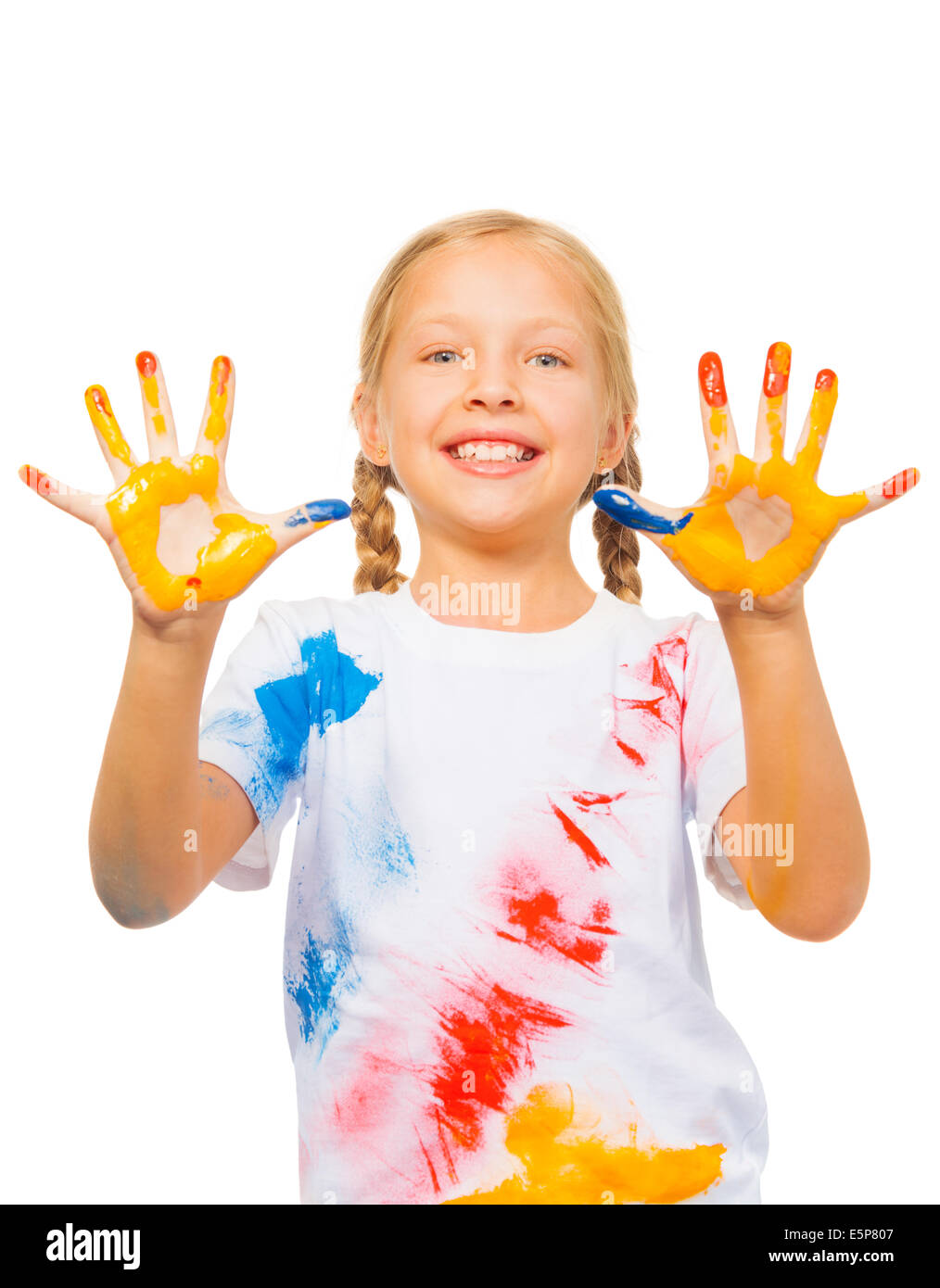 Smiling girl shows palms Stock Photo - Alamy