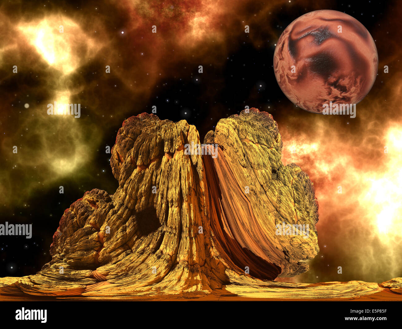 Alien Rock with space background and a brown planet Stock Photo - Alamy