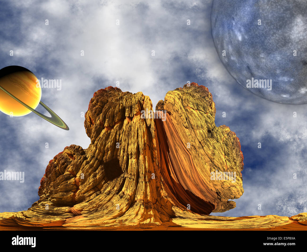 Alien Rock with sky background and two planets Stock Photo - Alamy