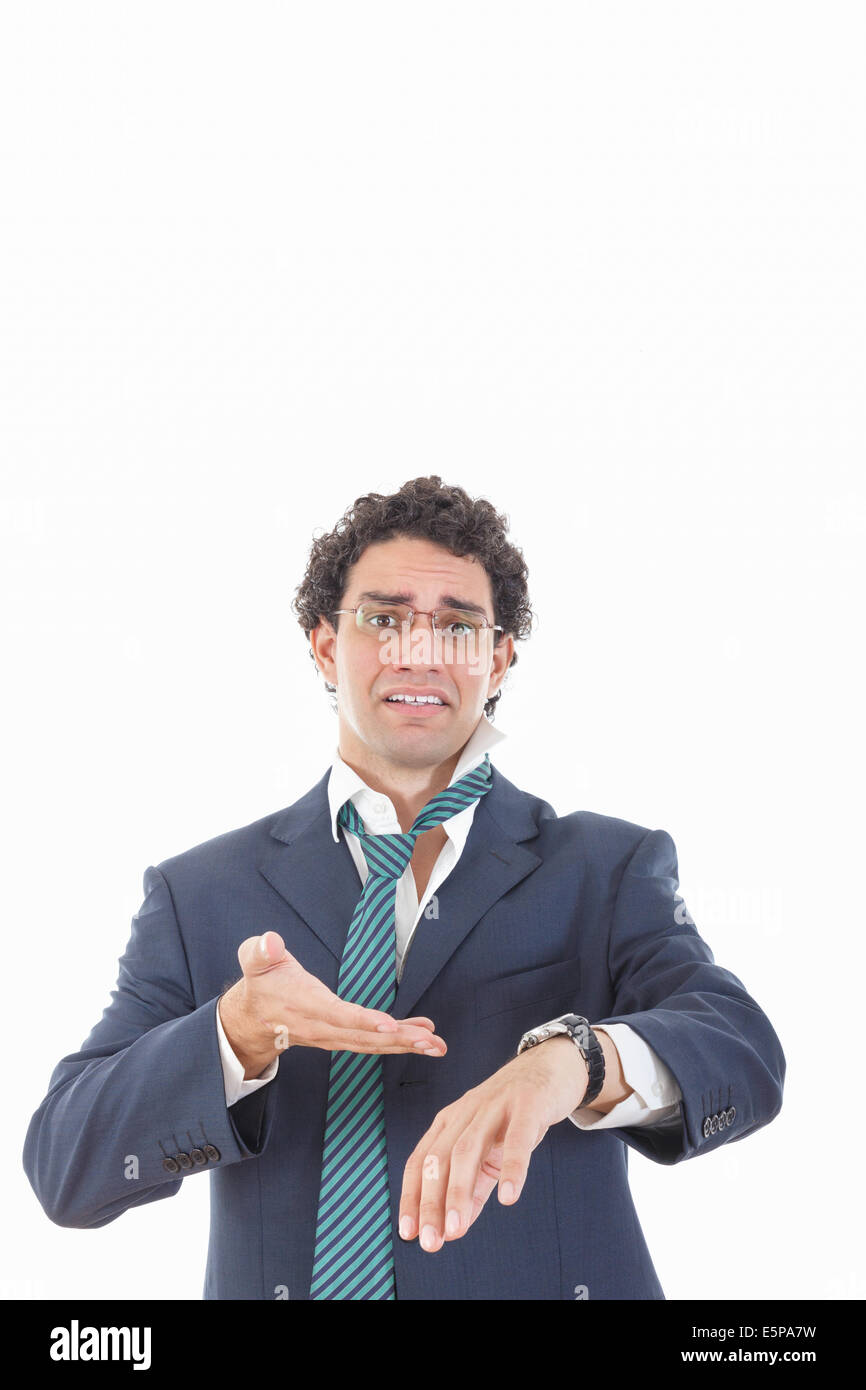 Portrait of an expressive sad businessman with galsses late for work or ...