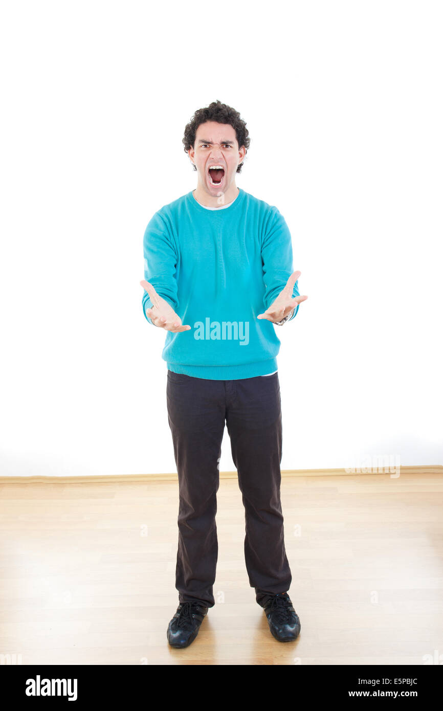 Nervous man in stress with cramped hands yelling, Young casual business ...