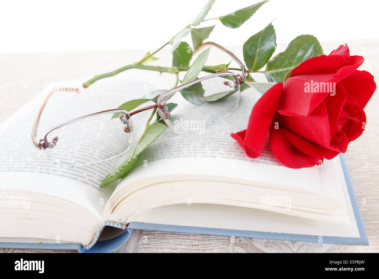 Open book and red rose with glasses on pages of book, romantic look ...