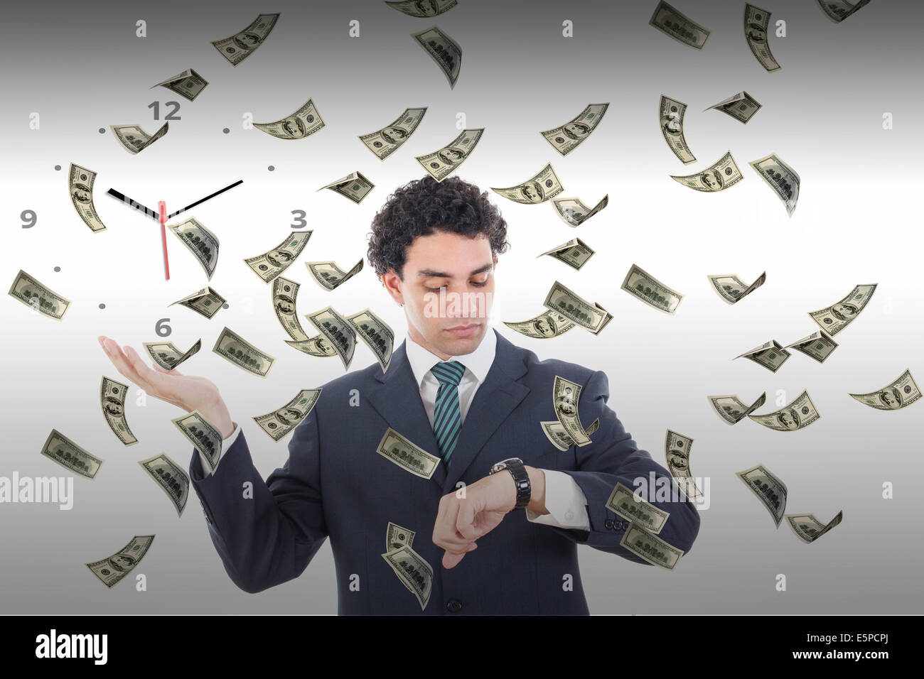 Time is money concept with flying dollars banknotes around businessman ...