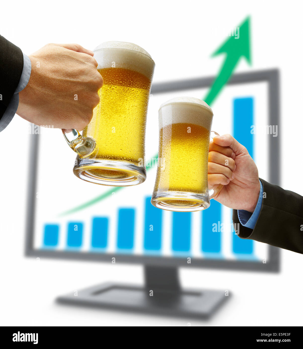 beer toasting in front of monitor showing success Stock Photo - Alamy