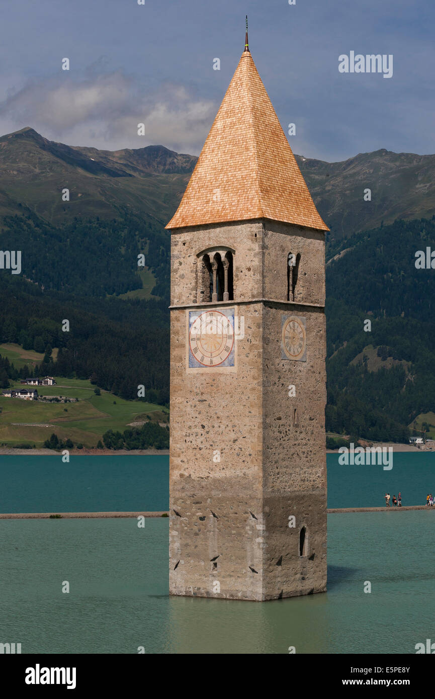 Church tower of Alt-Graun in Lake Reschen, Graun, Vinschgau, South ...