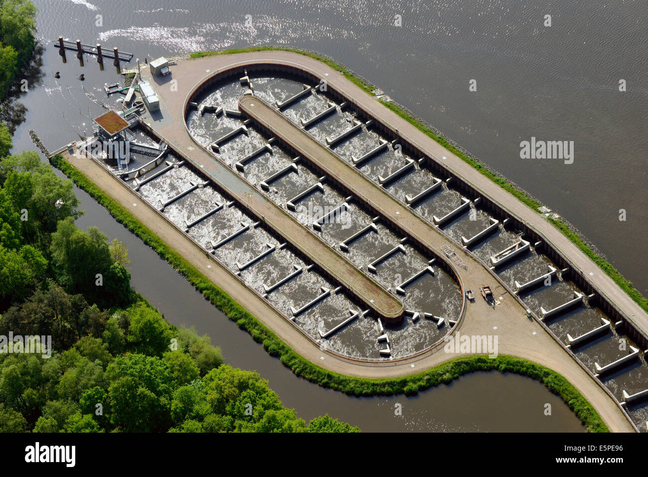 Fischpass Geesthacht, fishway or fish ladder on the Elbe River, aerial ...