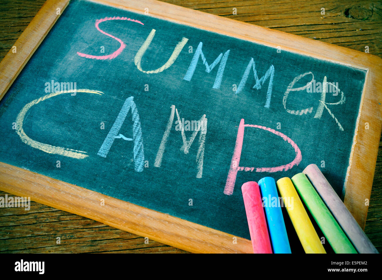 text summer camp written with chalk on a chalkboard, and some chalk ...
