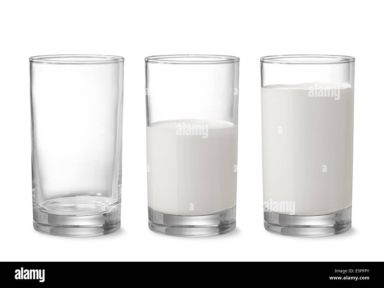 three glasses showing increasing amount of milk Stock Photo - Alamy