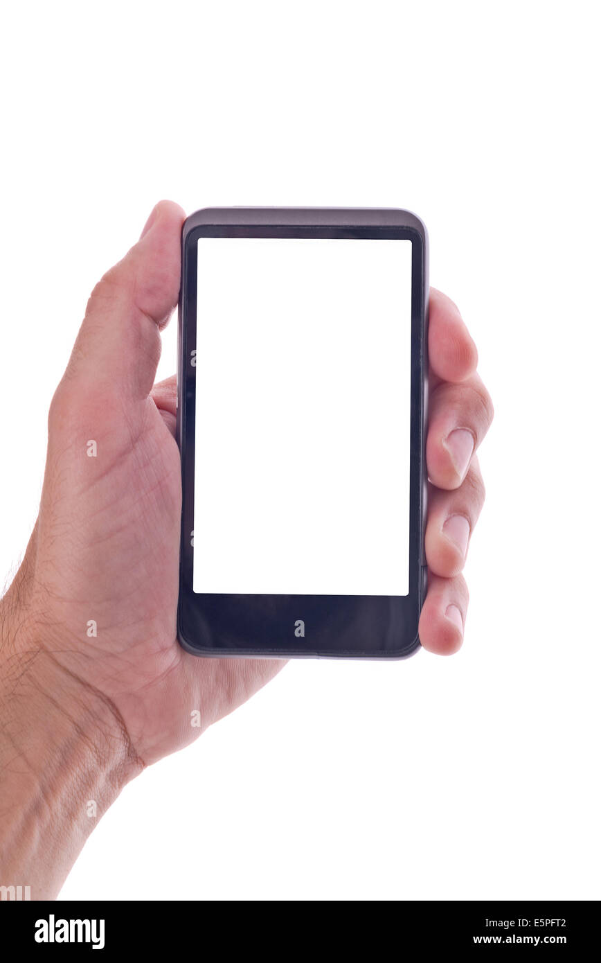 Male hand holding generic mobile smart phone with blank white screen ...