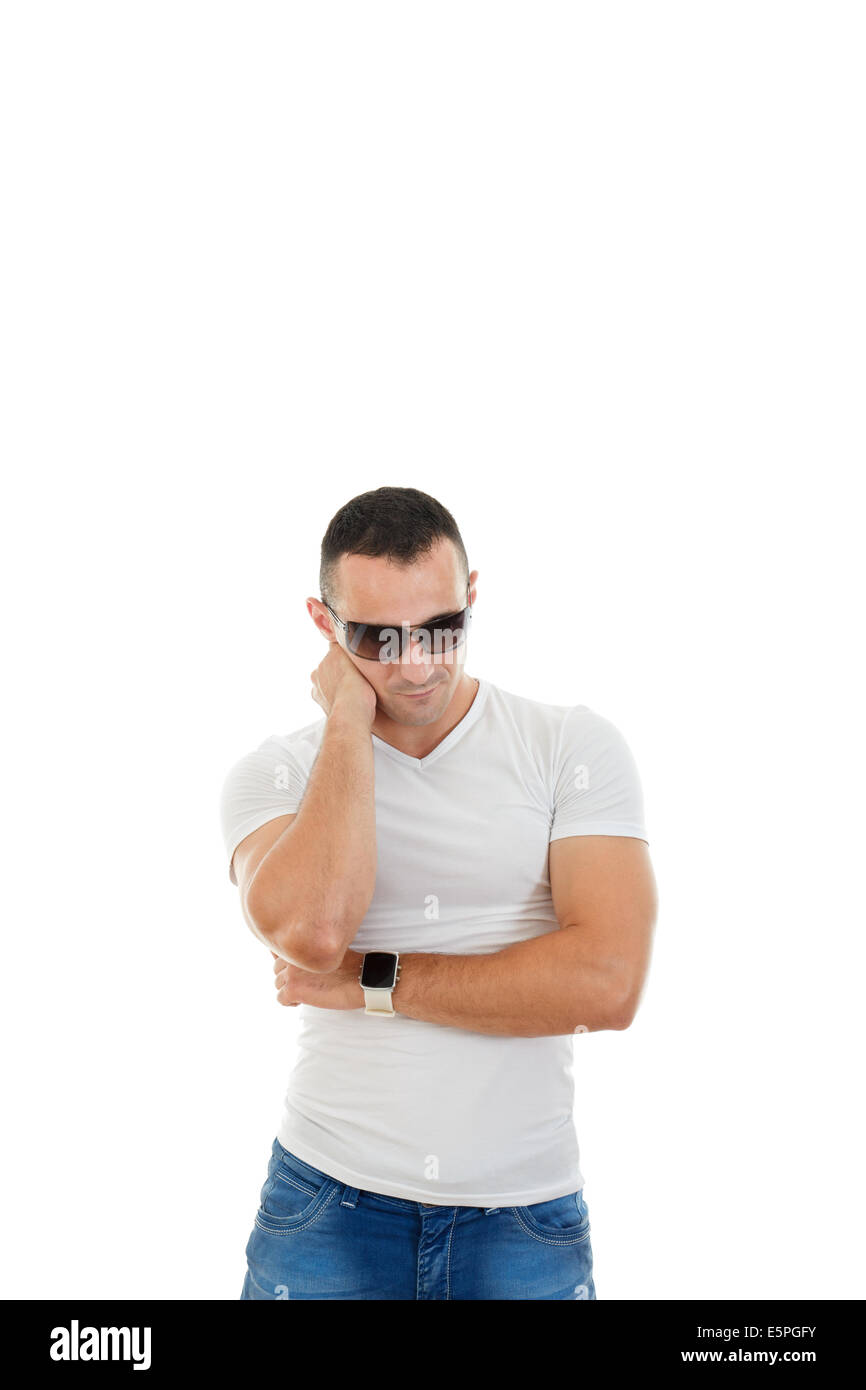 bright picture of handsome serious man with sunglasses in white t-shirt ...