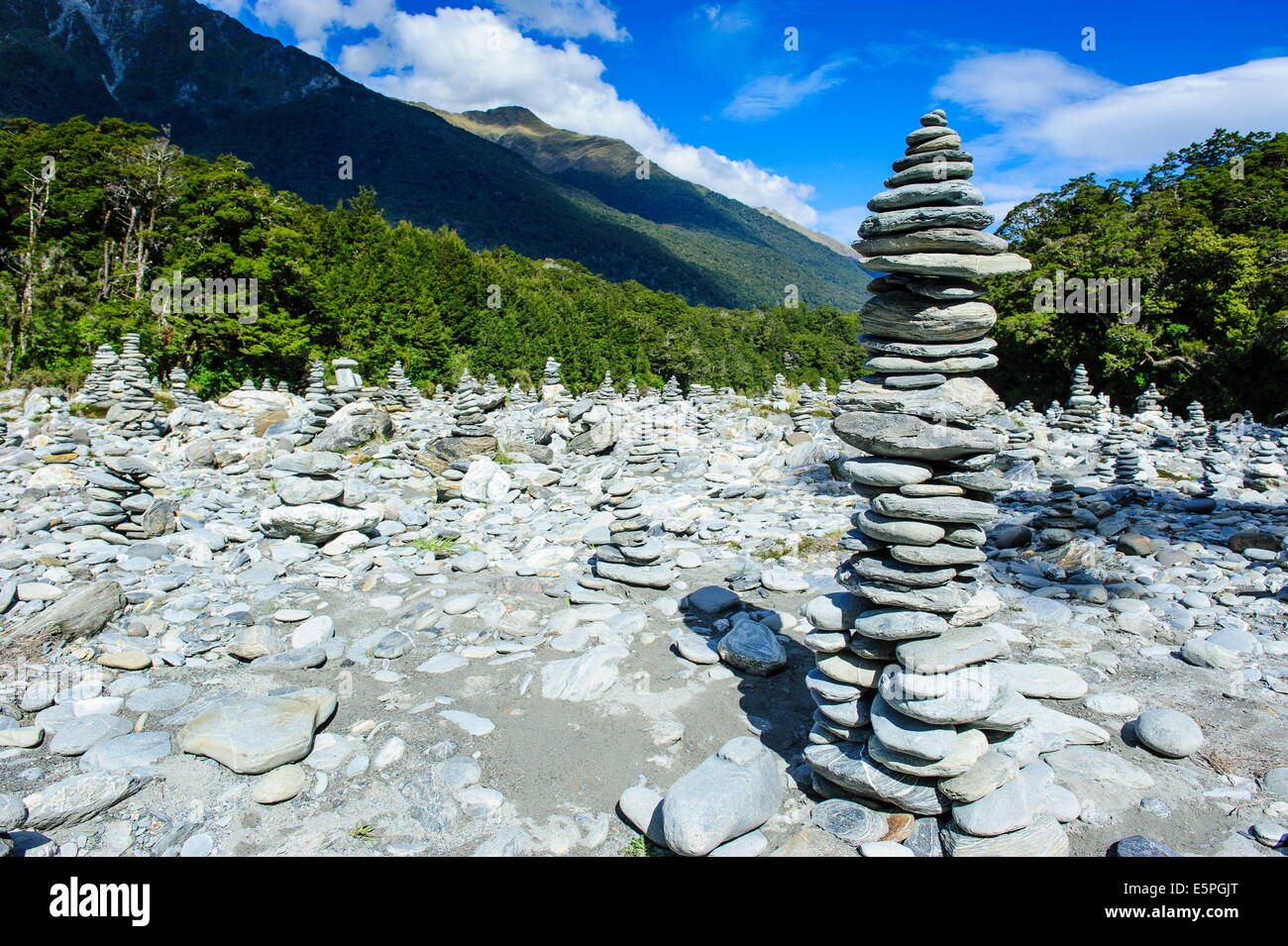 Man made stone pyramids at the Blue Pools, Haast Pass, South Island ...