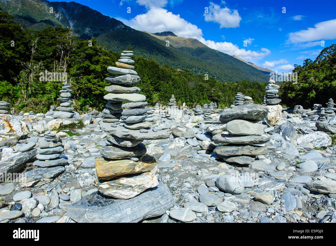 Man made stone pyramids at the Blue Pools, Haast Pass, South Island ...