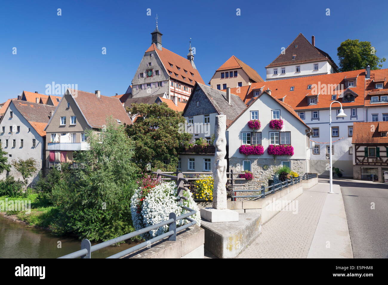 View over River Enz at the Old Town with Town Hall, Besigheim ...