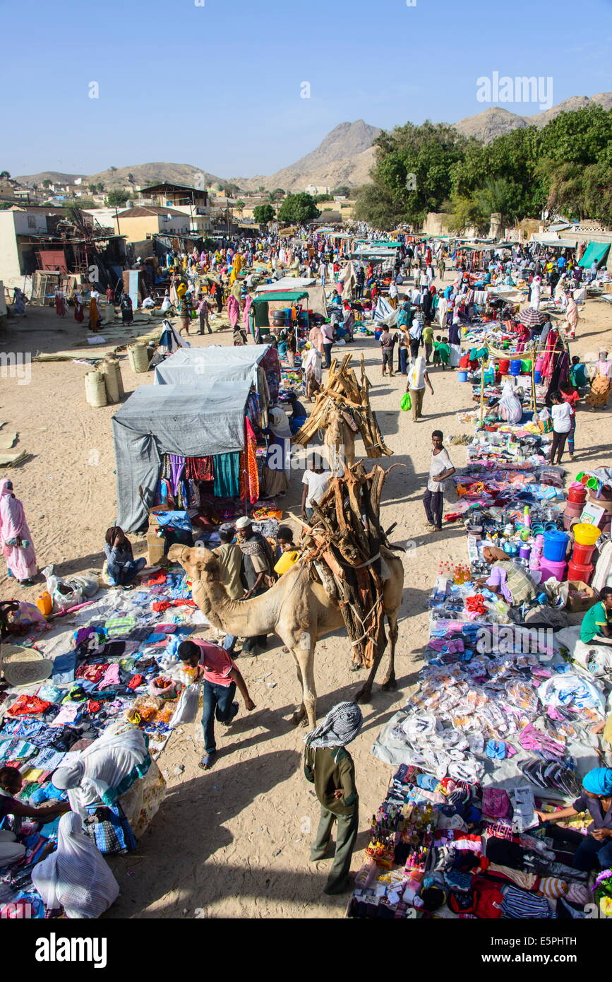 Loaded camel walking through the colourful Monday market of Keren, Eritrea, Africa Stock Photo ...