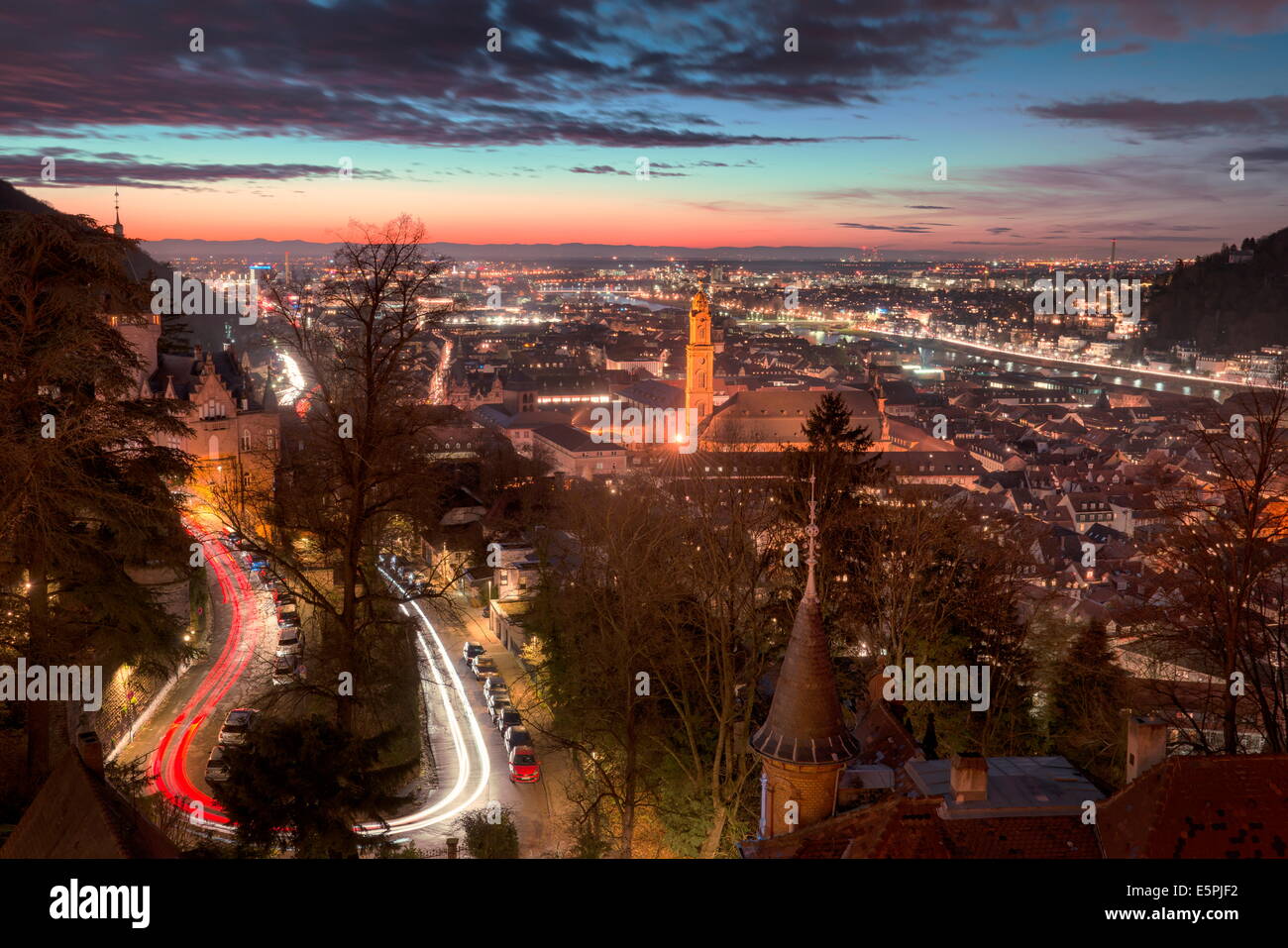 Elevated nightly view of Heidelberg Altstadt (Old Town) with spires and ...