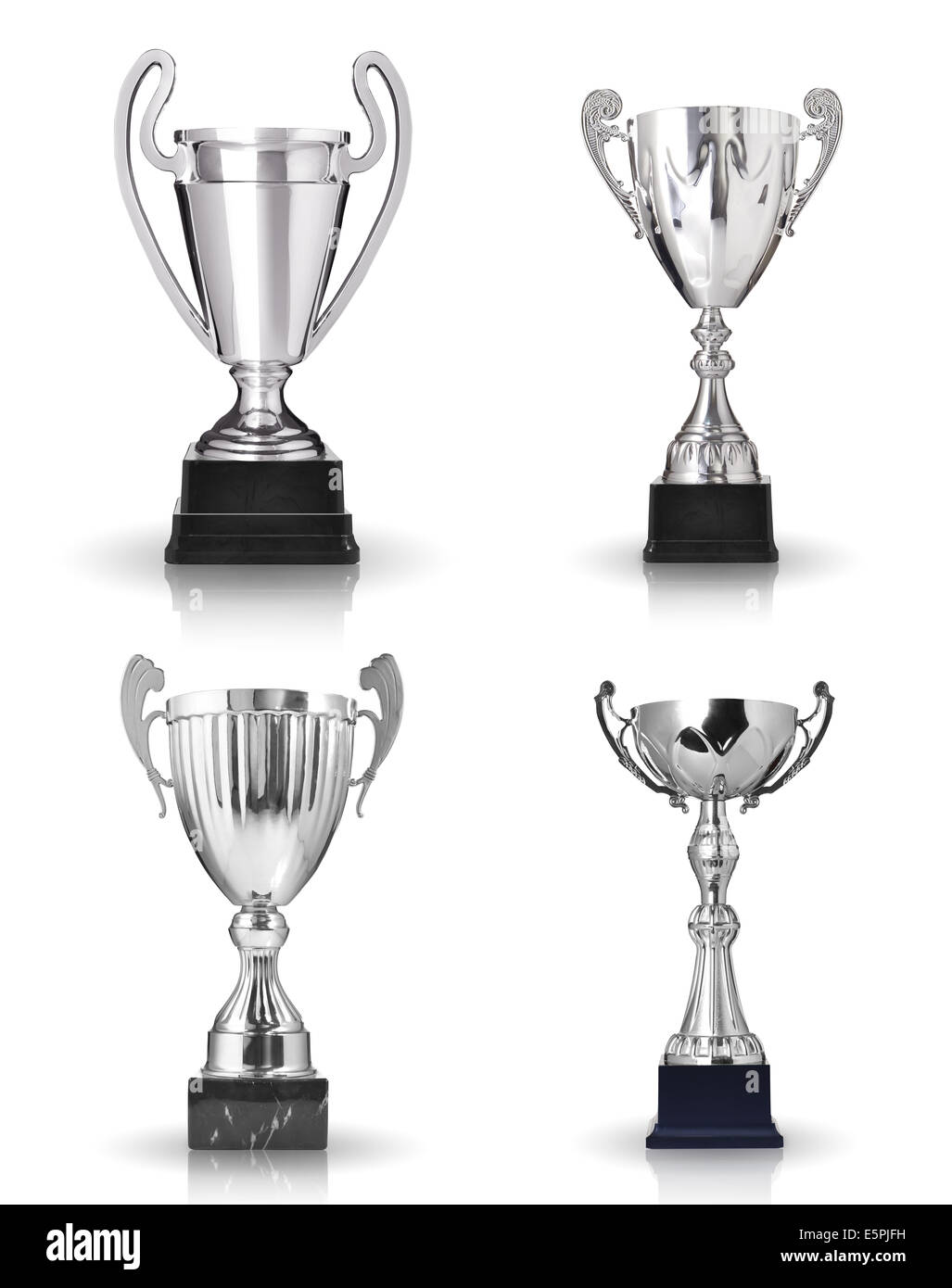 Set of different kind of silver trophies. Isolated on white background ...