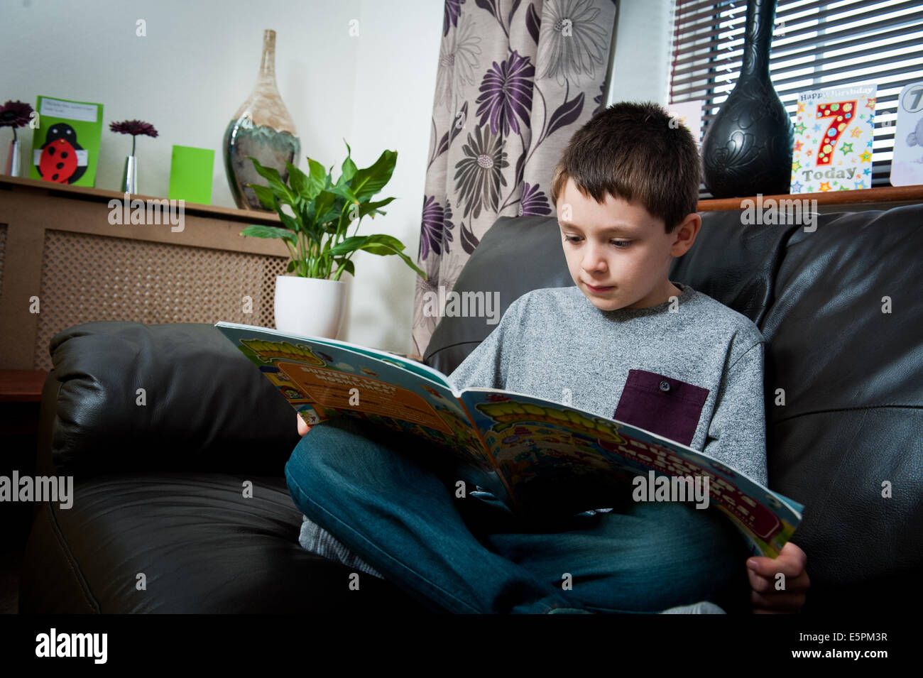 boy reading book on sofa Stock Photo - Alamy
