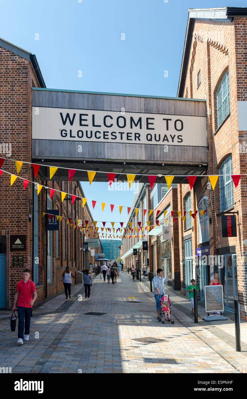Welcome to Gloucester Quays sign at the entrance to the shopping centre ...