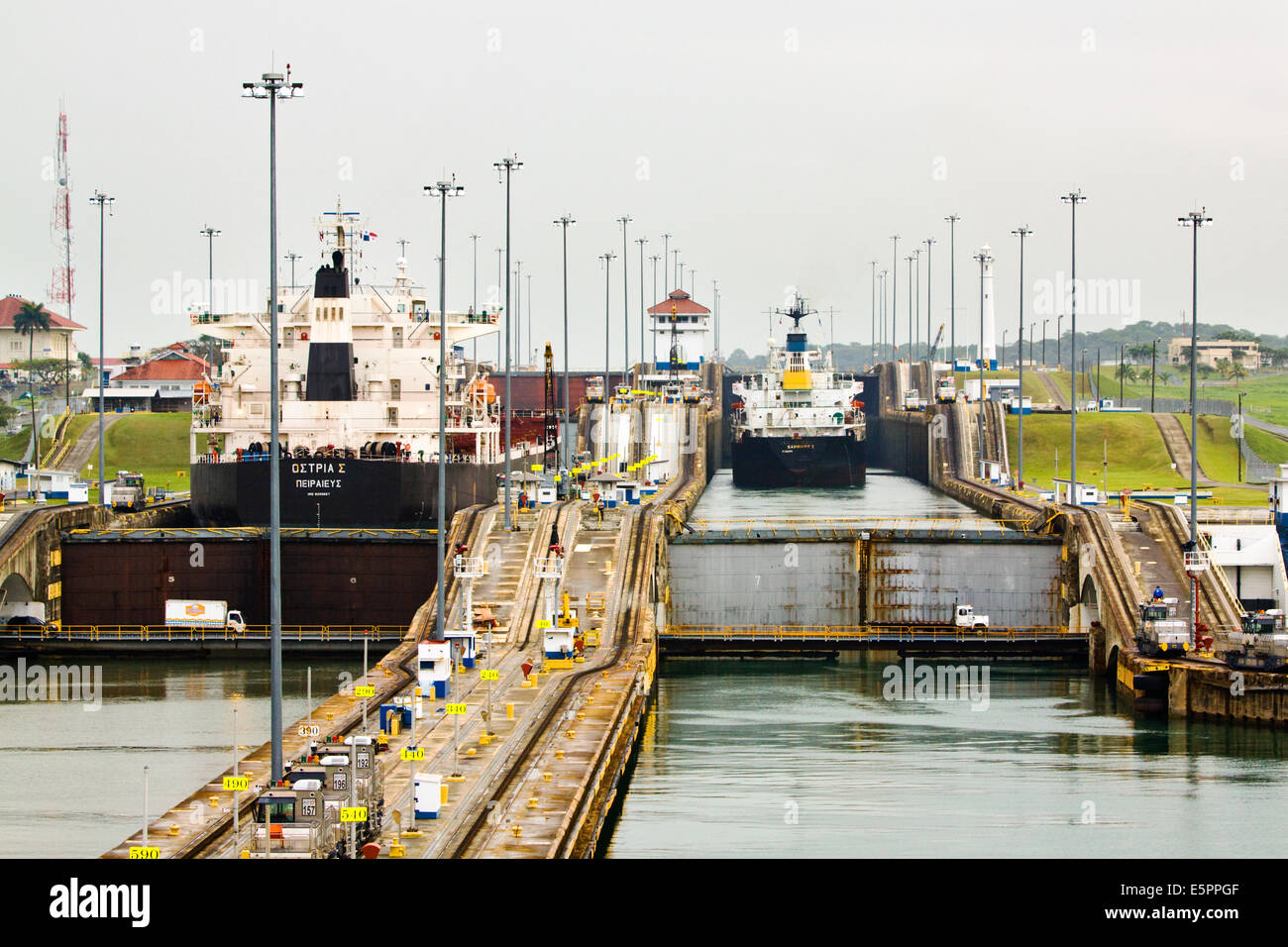 Start of the Panama Canal on the Caribbean Sea side with two ships in ...