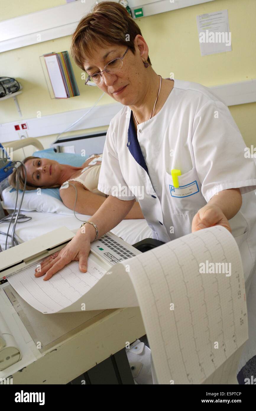 38 year old female patient undergoing an electrocardiography (EKG ...