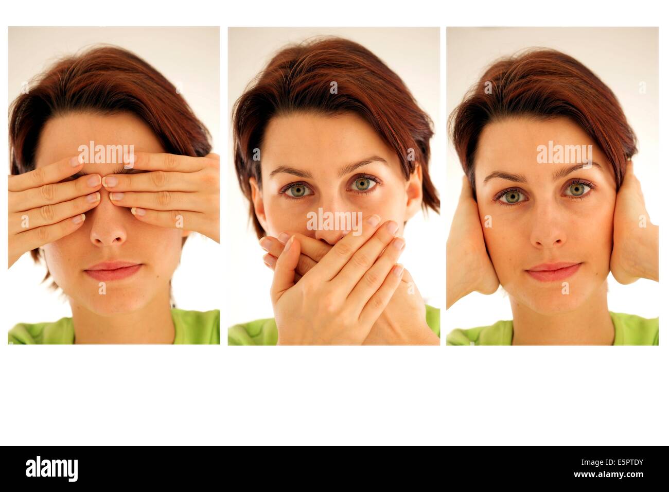 Woman imitating the three wise monkeys Stock Photo - Alamy