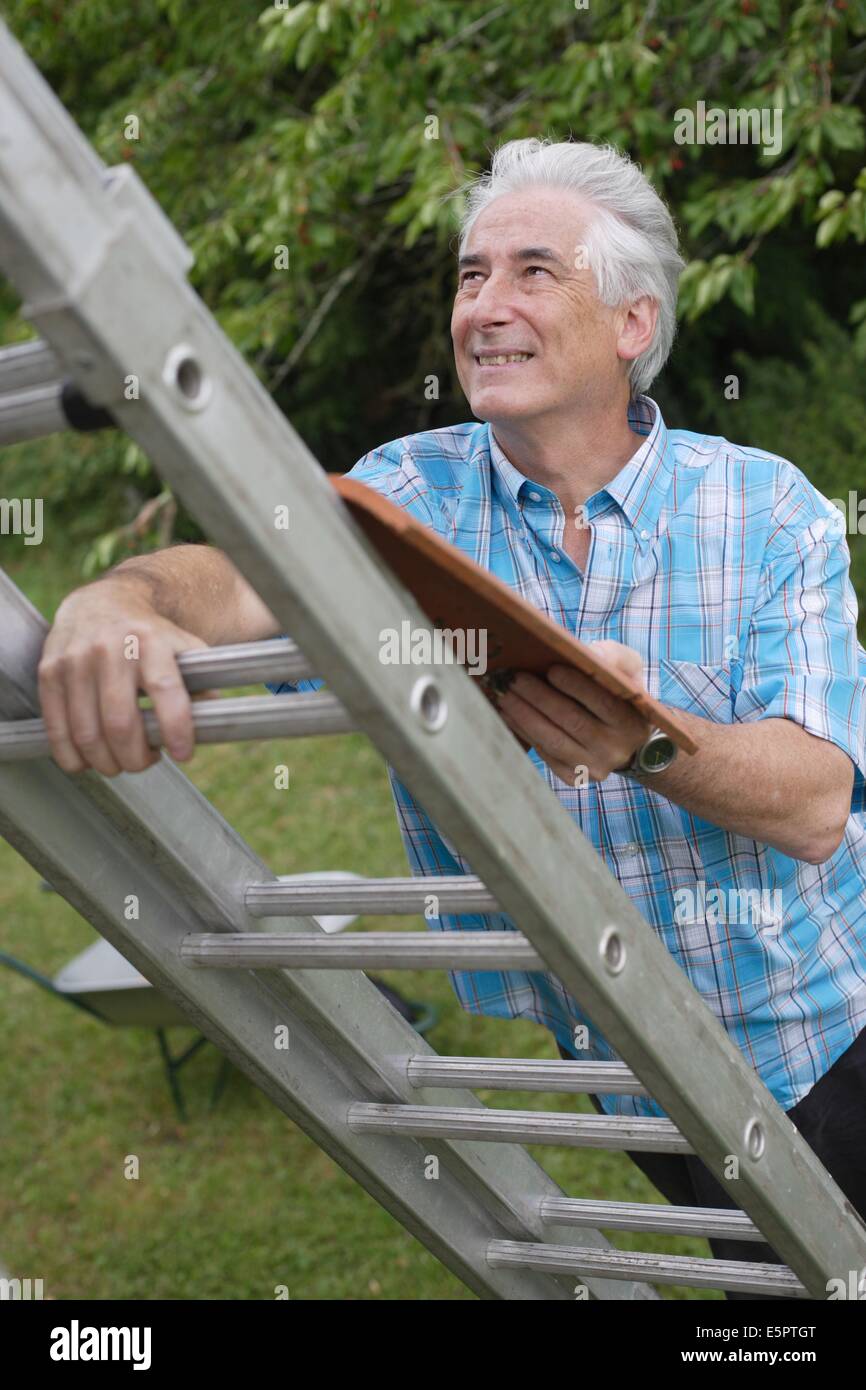 Senior man doing maintenance work of his roof with a ladder Stock Photo ...