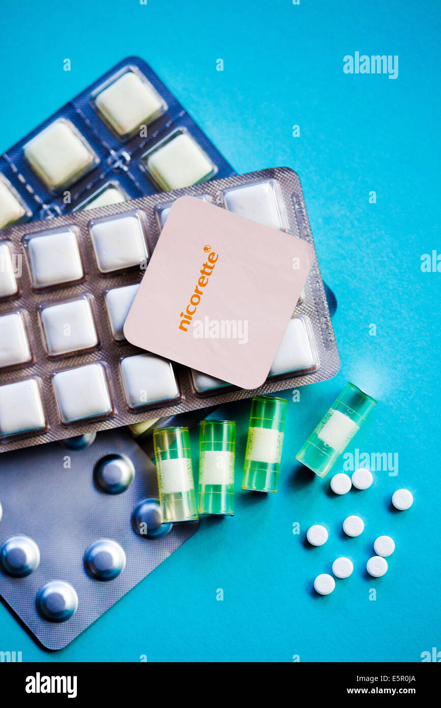 Nicotine inhaler, patches, tablets and gums Stock Photo - Alamy