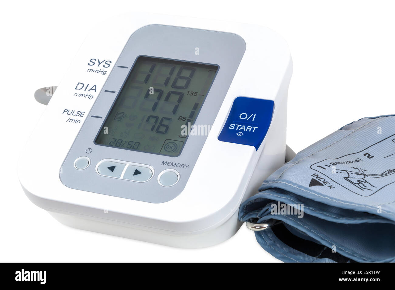 Digital blood pressure monitor isolated on white background with ...