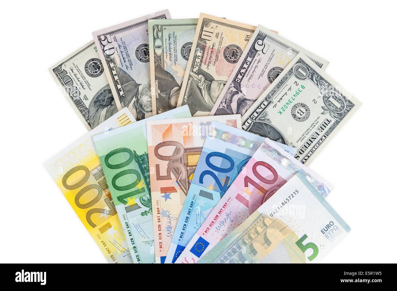 Dollar and euro banknotes isolated on white background with clipping ...
