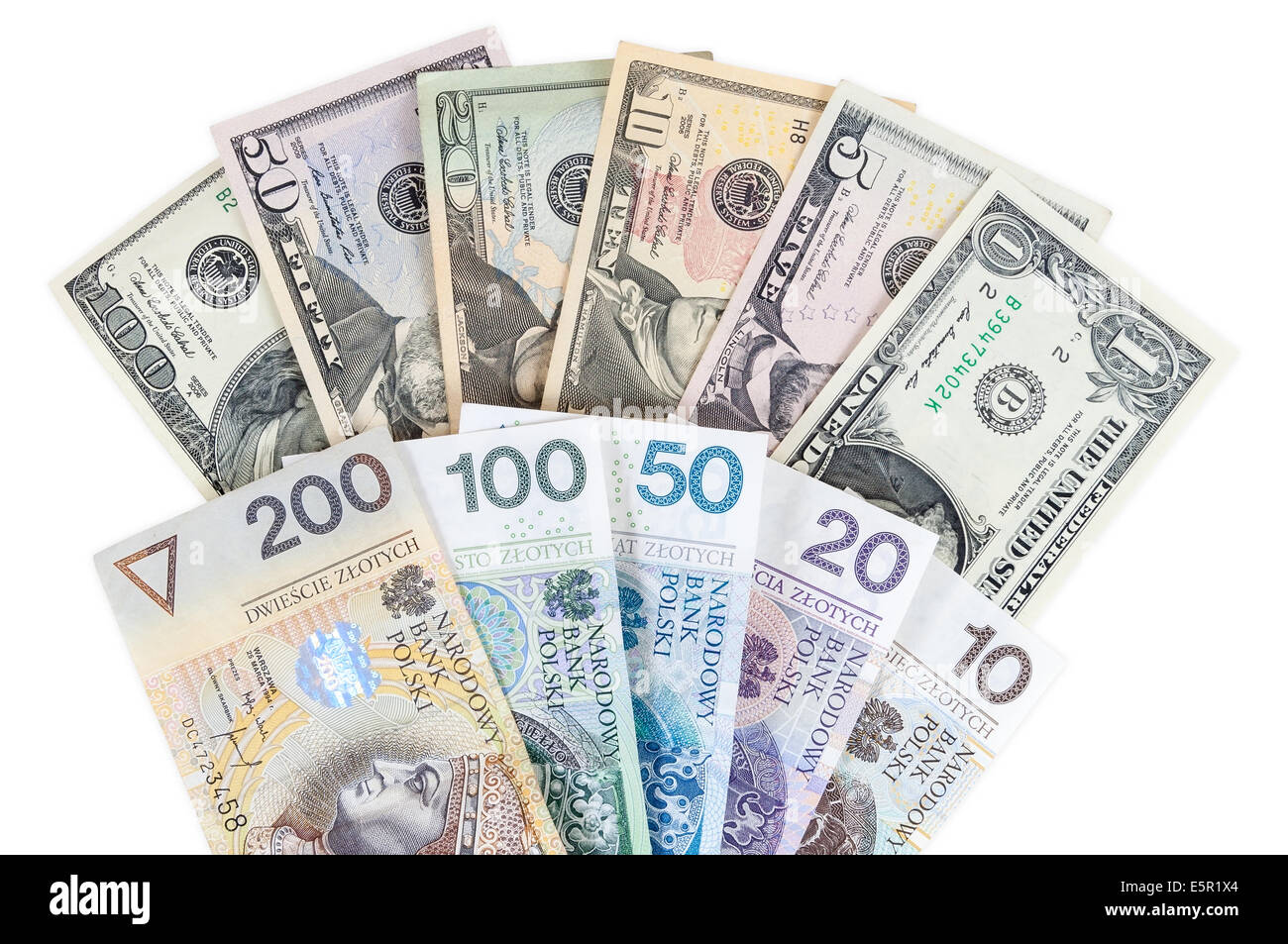 Dollar and polish zloty banknotes isolated on white background with clipping path Stock Photo Alamy
