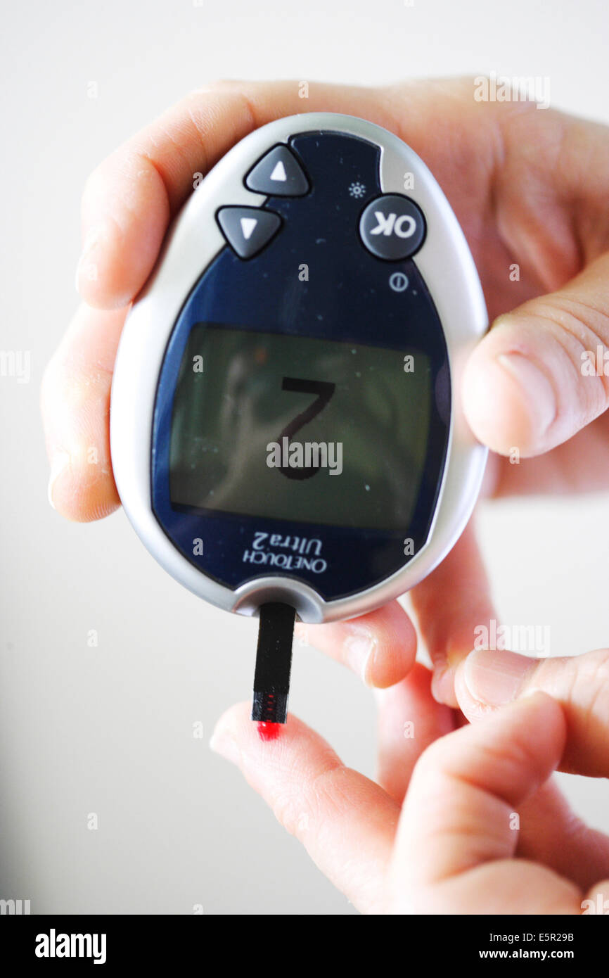 A diabetic person is checking her blood sugar level (self glycemia ...