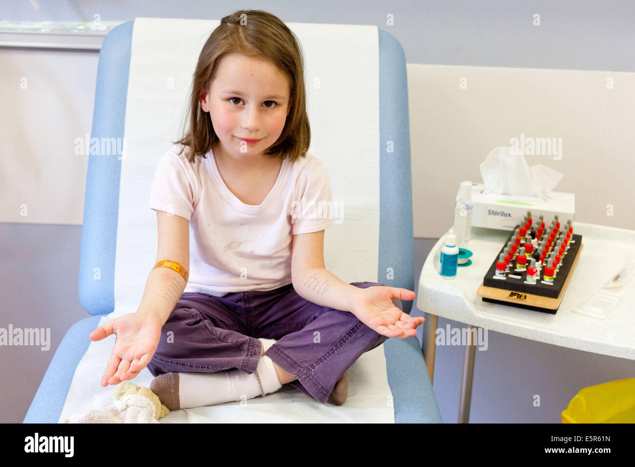Child undergoing skin prick test for allergens screening, Limoges ...