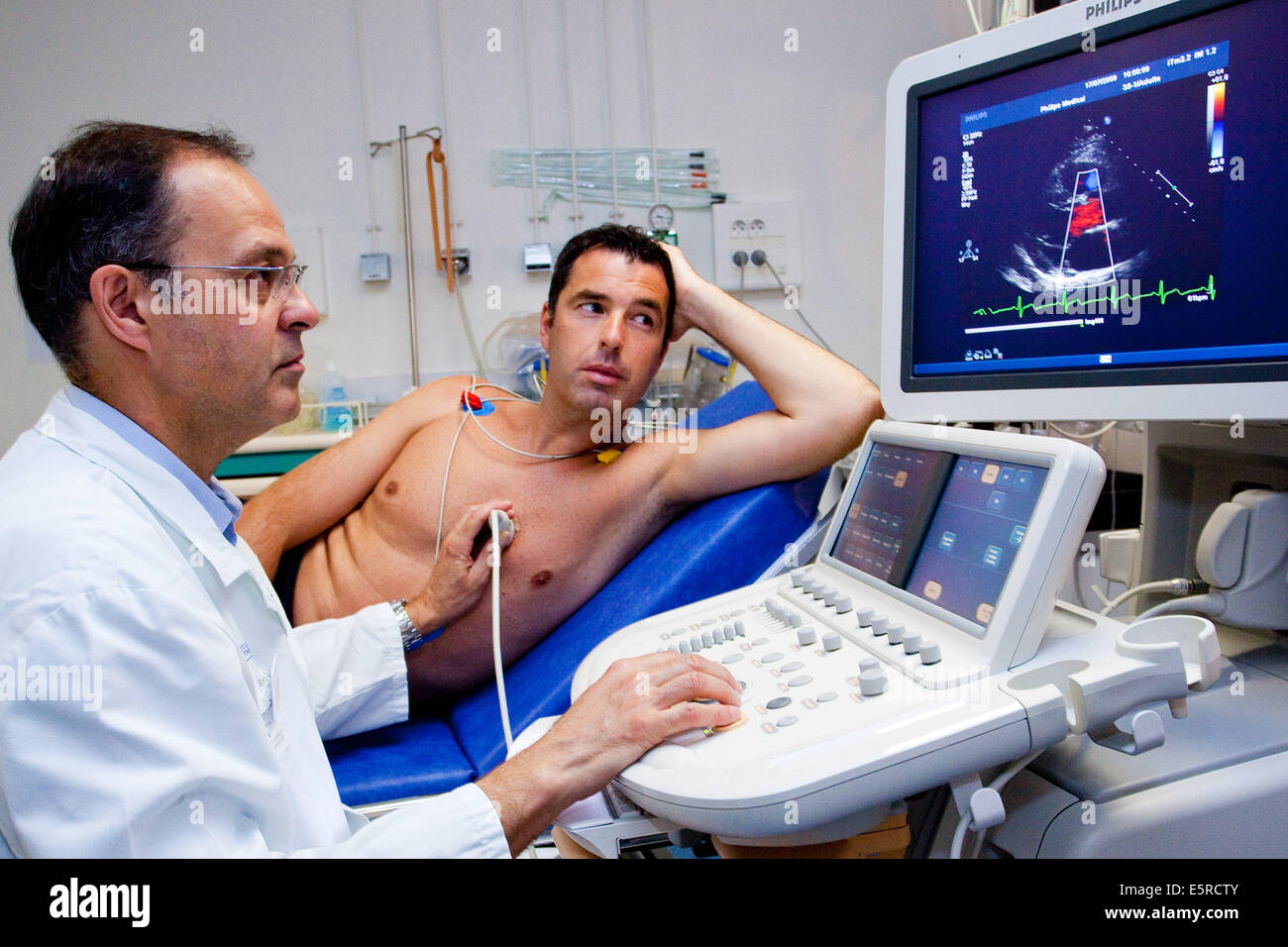 Man undergoing a heart scan doppler, Department of cardiology Stock ...