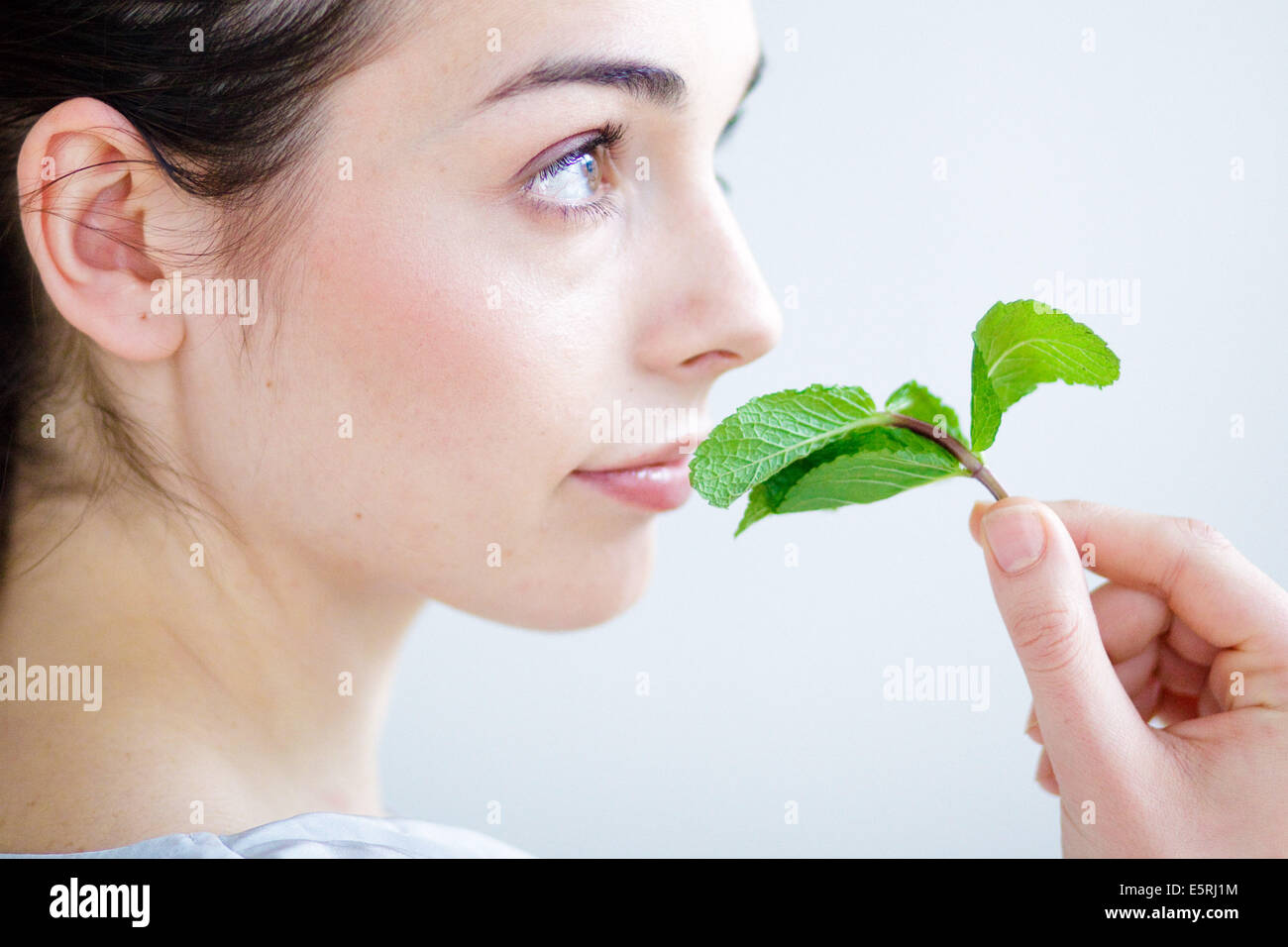 Woman smelling mint leaves (Mentha sp Stock Photo - Alamy