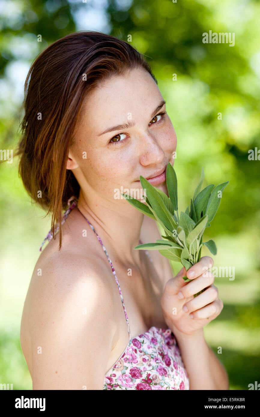 Woman picking sage from the garden Stock Photo - Alamy