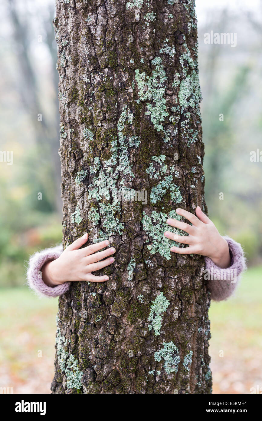 Girl hiding behind a tree Stock Photo - Alamy