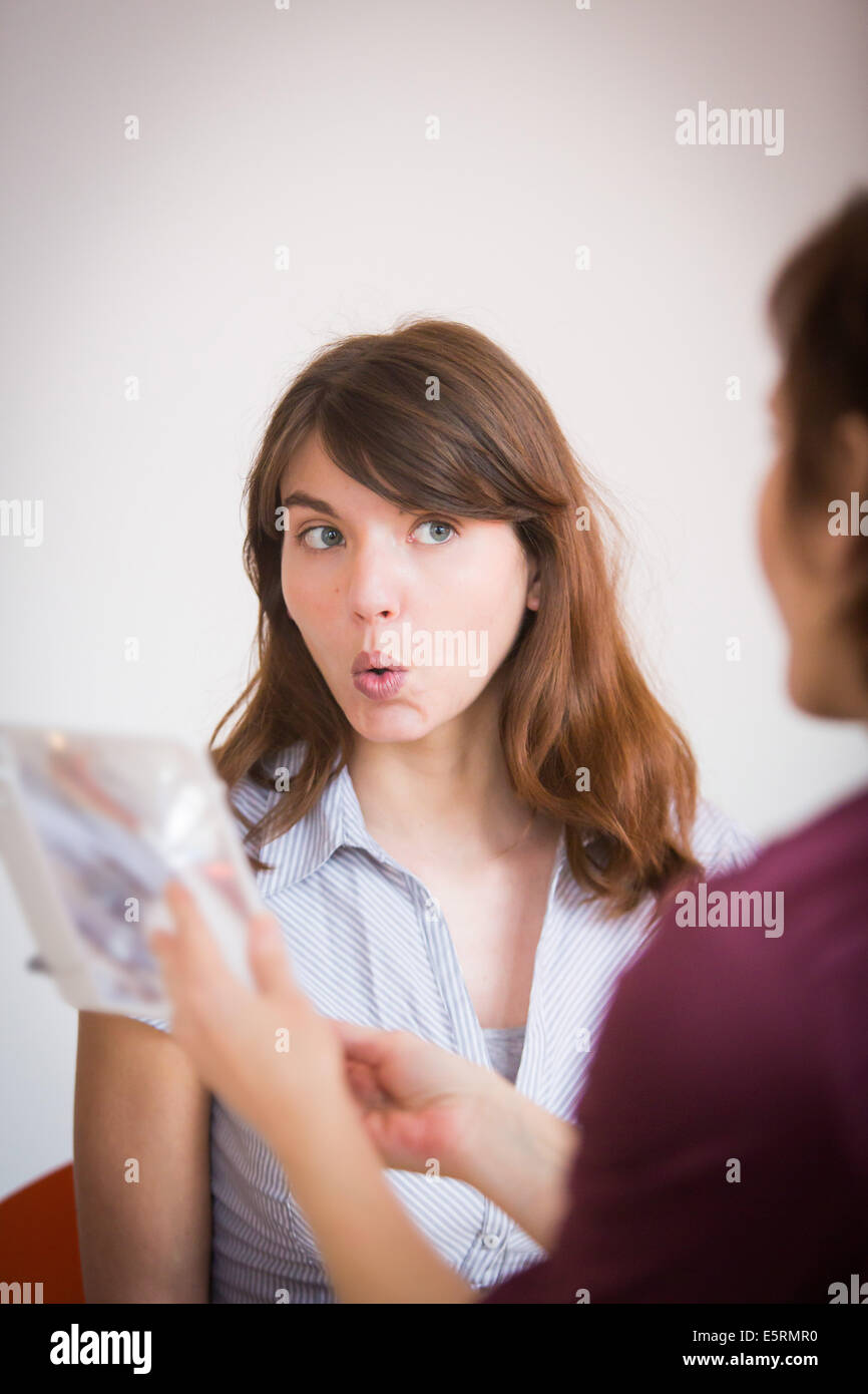 Treatment of stuttering : woman doing articulation and breathing ...