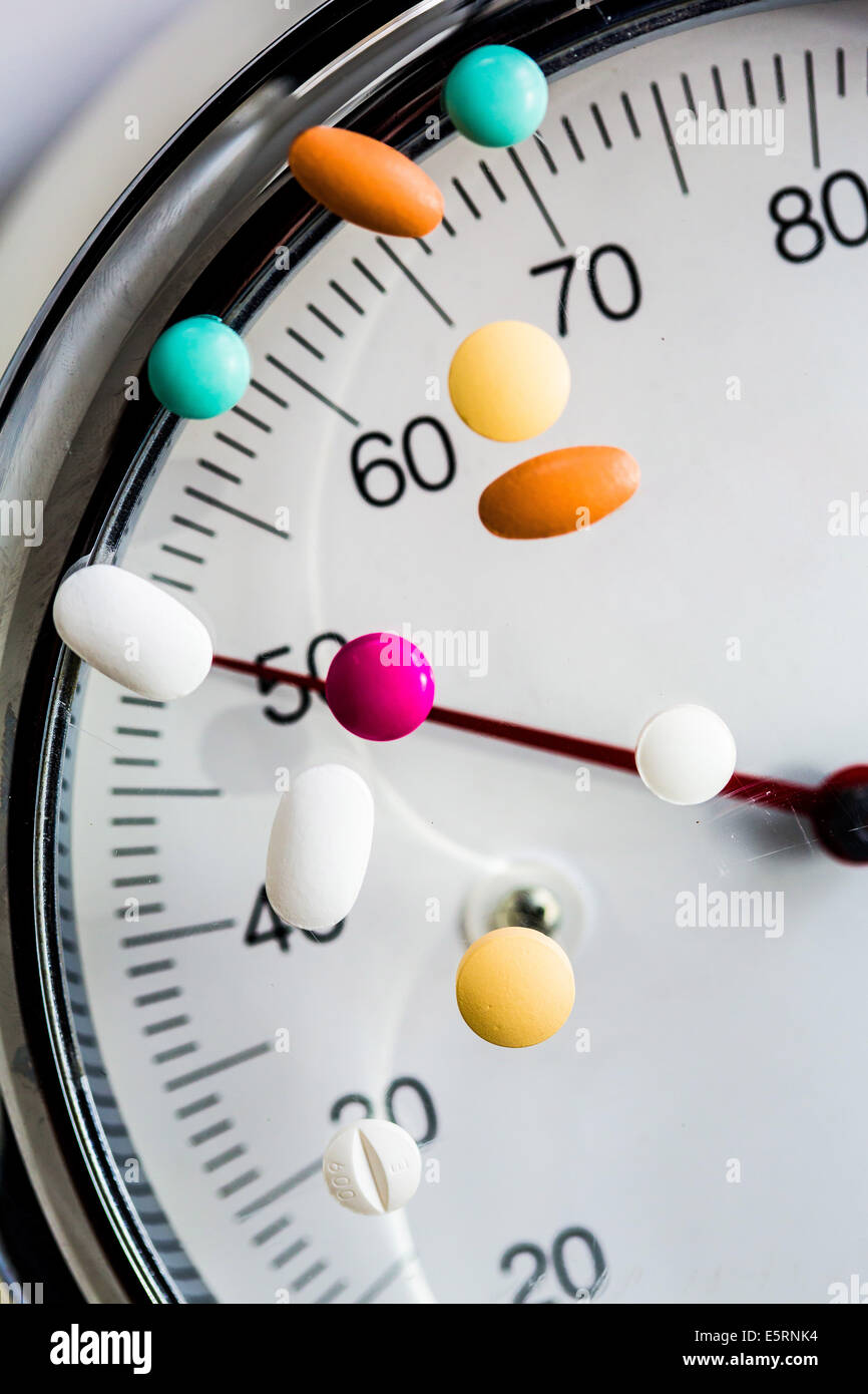 Slimming pills on weight scale Stock Photo - Alamy